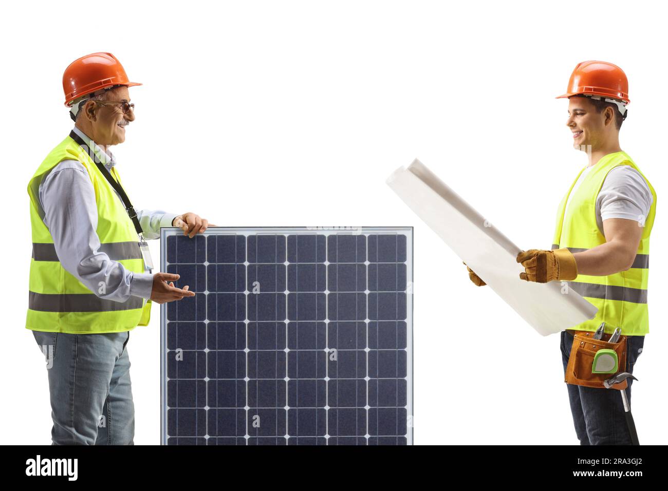 Engineers with a blueprint standing next to a solar panel isolated on ...