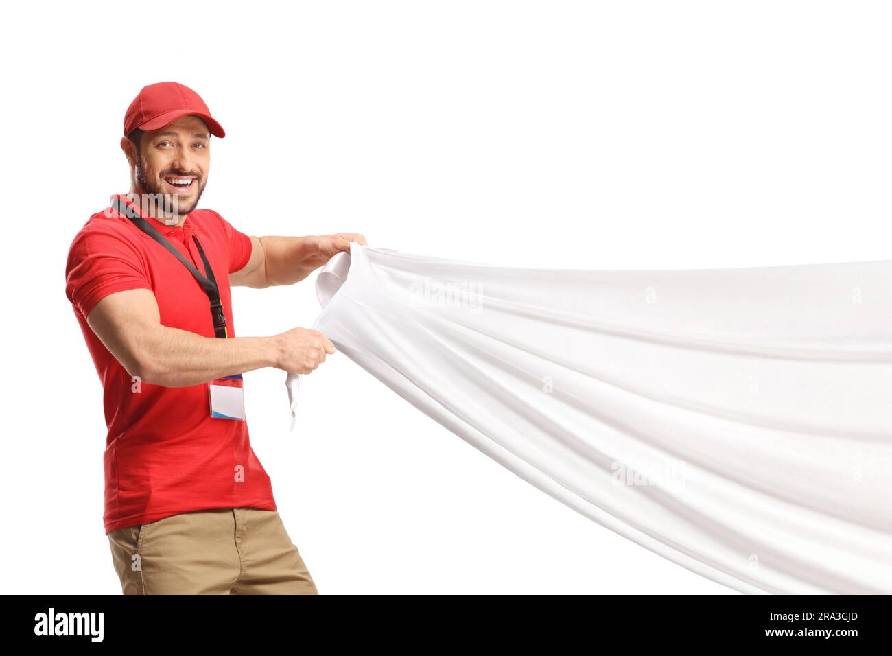 Salesman pulling a big white cloth isolated on white background Stock ...