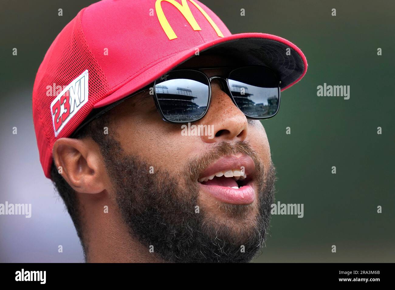 NASCAR driver Bubba Wallace looks around Wrigley Field before throwing ...