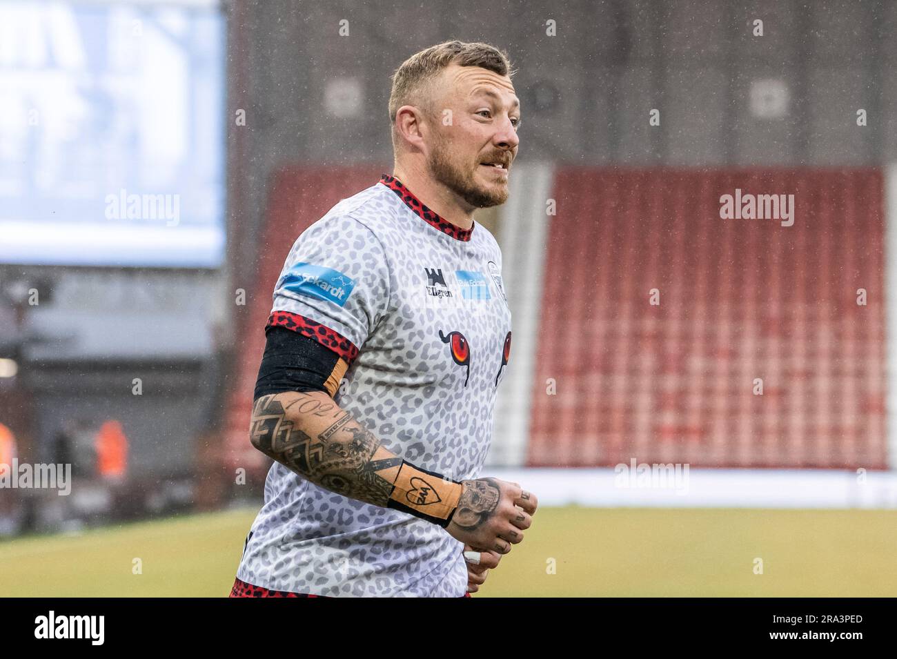 Josh Charnley #5 of Leigh Leopards during pre match warm up ahead of ...