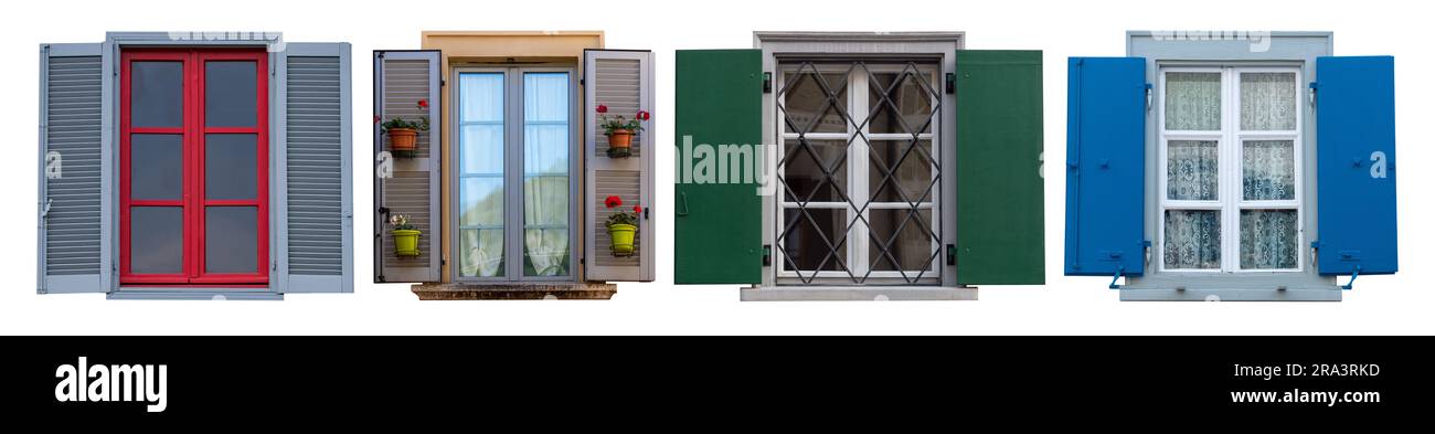 banner or traditional colorful windows with shutters, europe, isolated ...