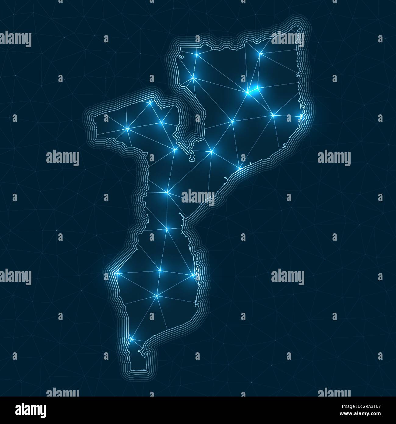 Mozambique network map. Abstract geometric map of the country. Digital connections and ...