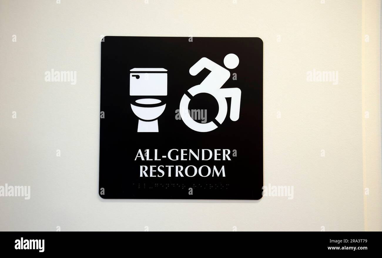 Decatur, Georgia, USA. 29th June, 2023. An all-gender restroom sign an ...