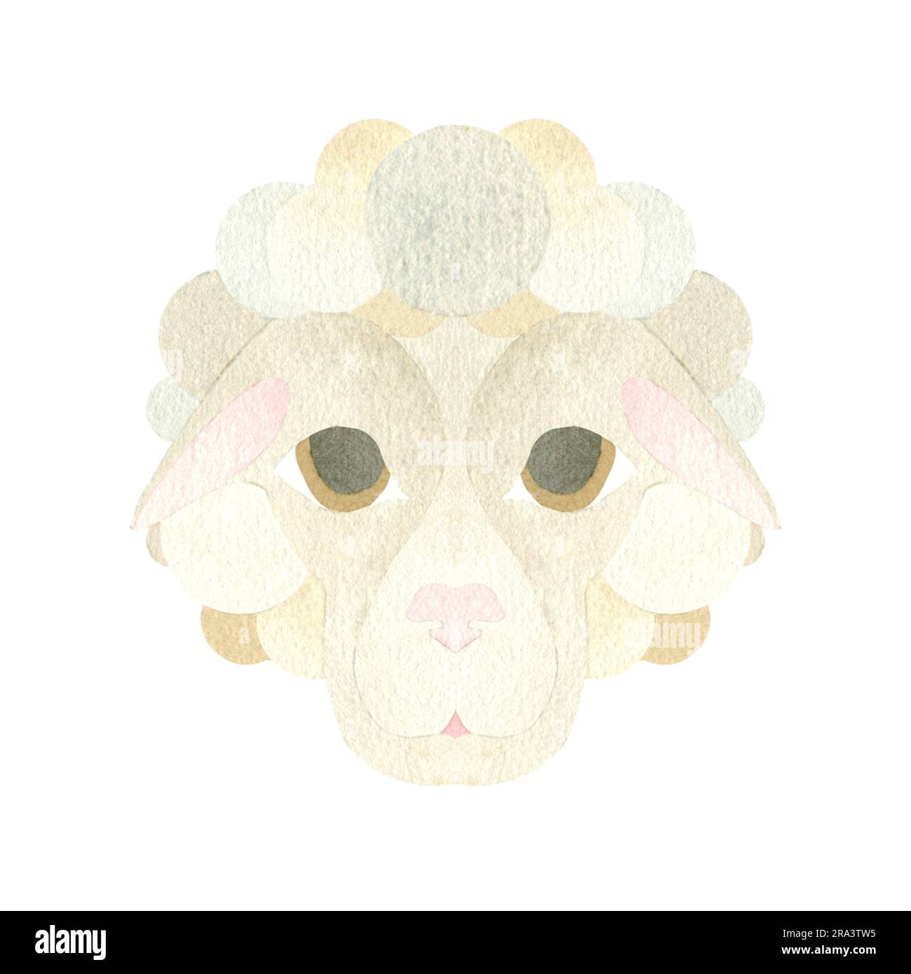 Cute little face of a white sheep. Watercolor illustration highlighted ...