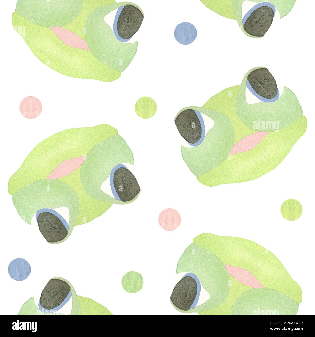 Seamless pattern with funny green frog faces and colored circles ...