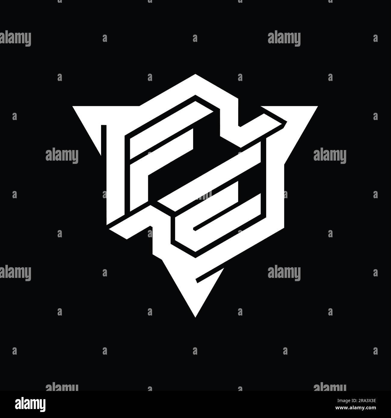 FE Letter Logo monogram hexagon shape with triangle outline gaming style design template Stock ...