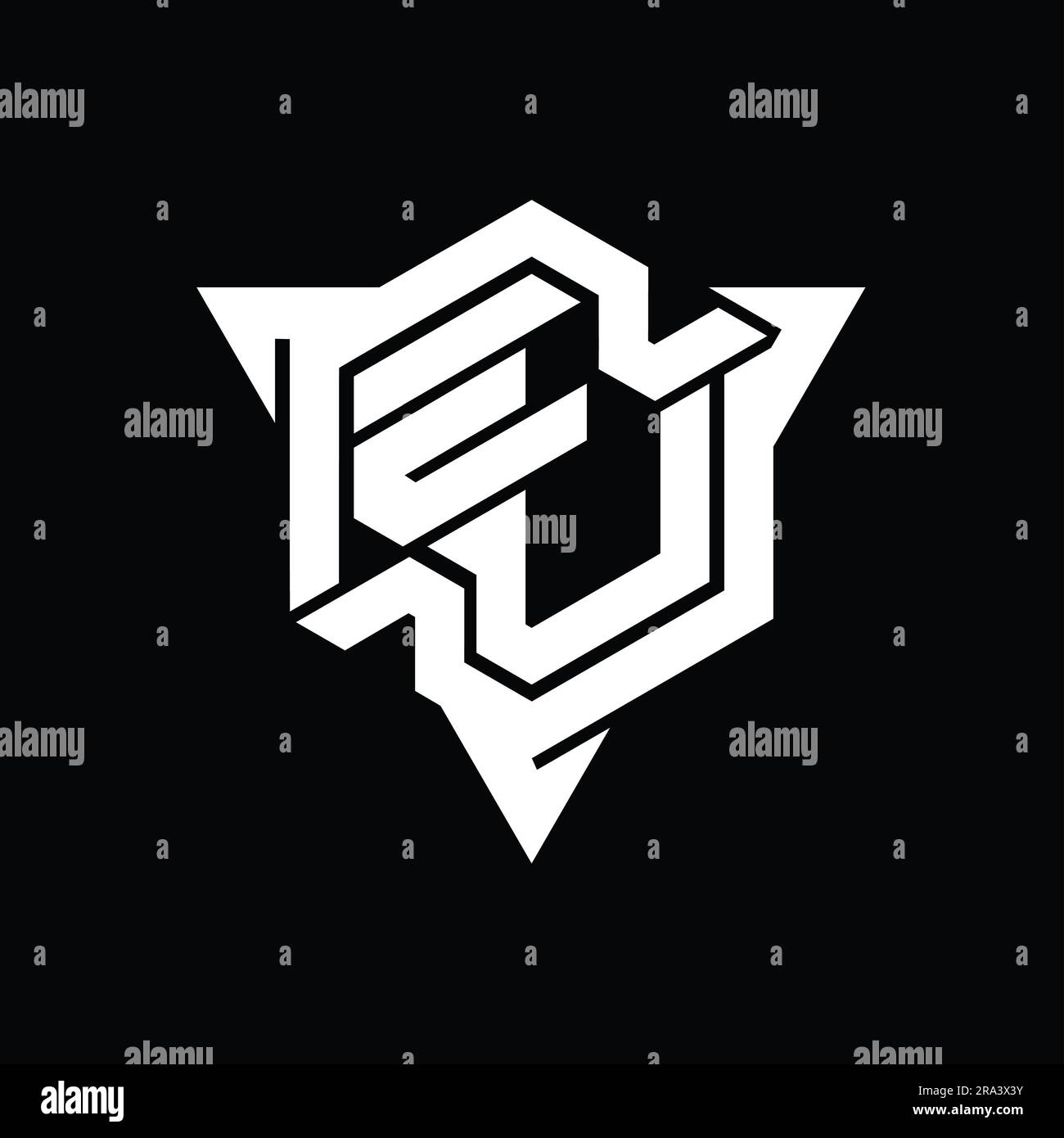 EU Letter Logo monogram hexagon shape with triangle outline gaming style design template Stock ...