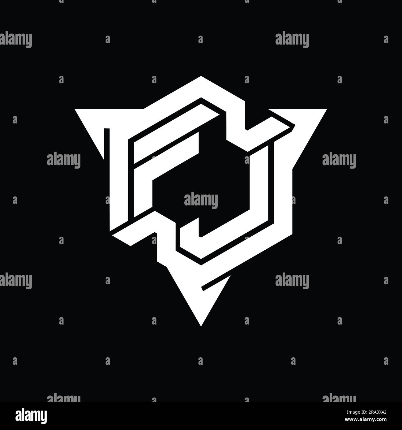 FJ Letter Logo monogram hexagon shape with triangle outline gaming style design template Stock ...