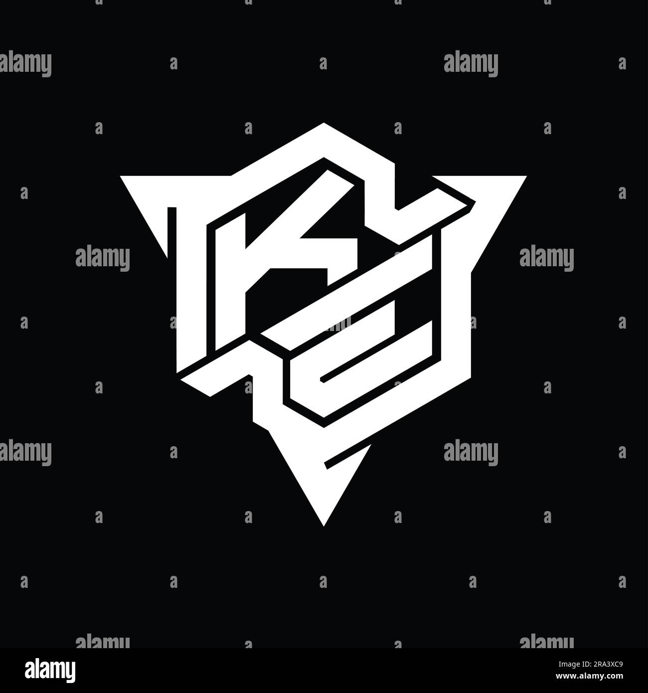 KE Letter Logo monogram hexagon shape with triangle outline gaming style design template Stock ...