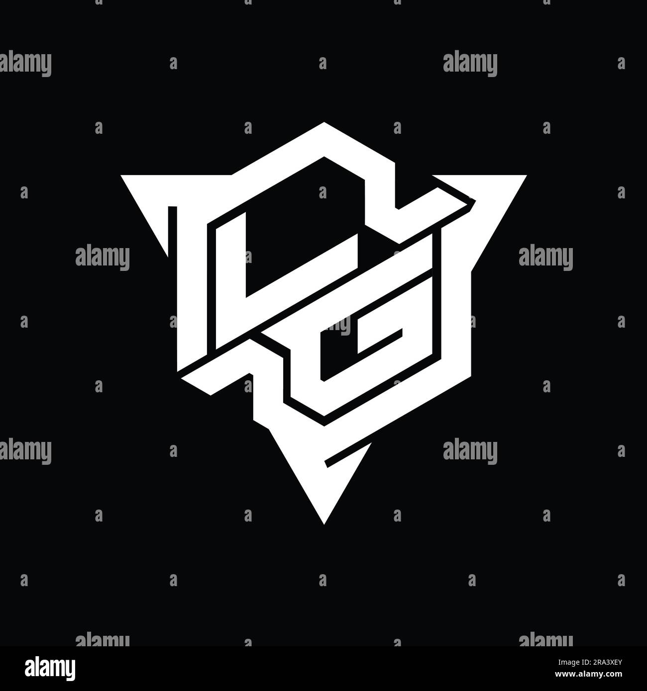 LG Letter Logo monogram hexagon shape with triangle outline gaming style design template Stock ...