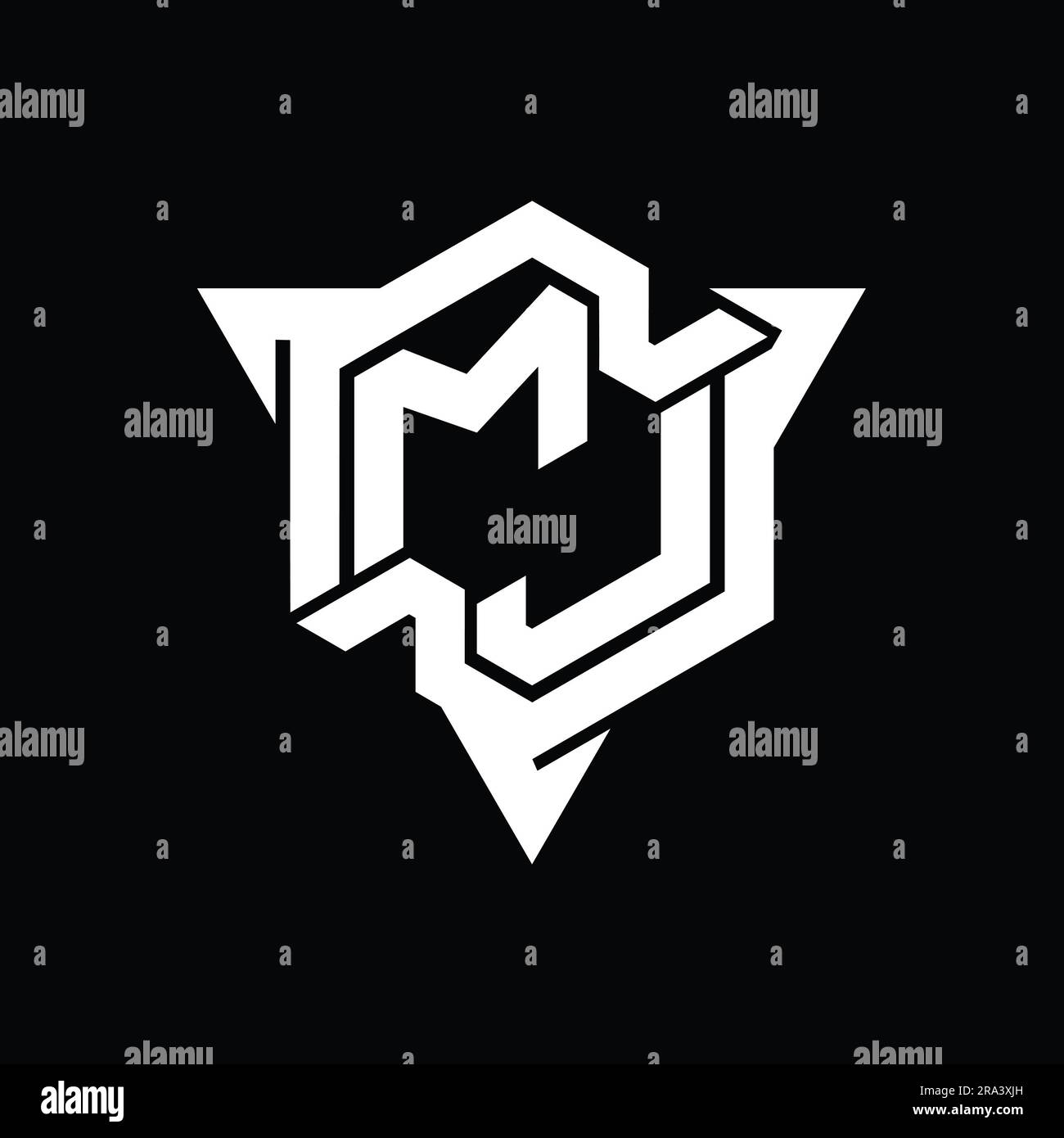 MJ Letter Logo monogram hexagon shape with triangle outline gaming ...