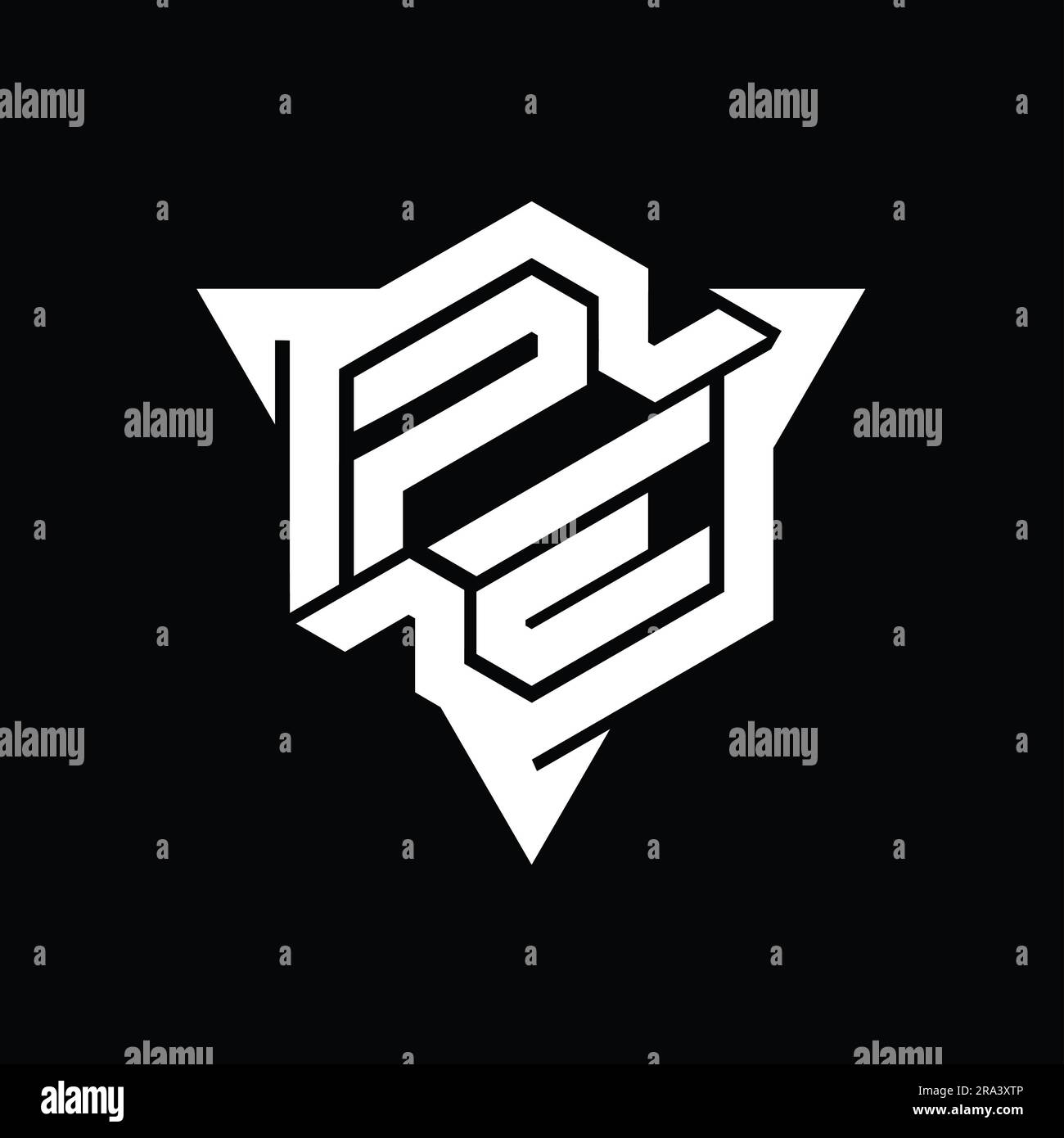 PE Letter Logo monogram hexagon shape with triangle outline gaming ...
