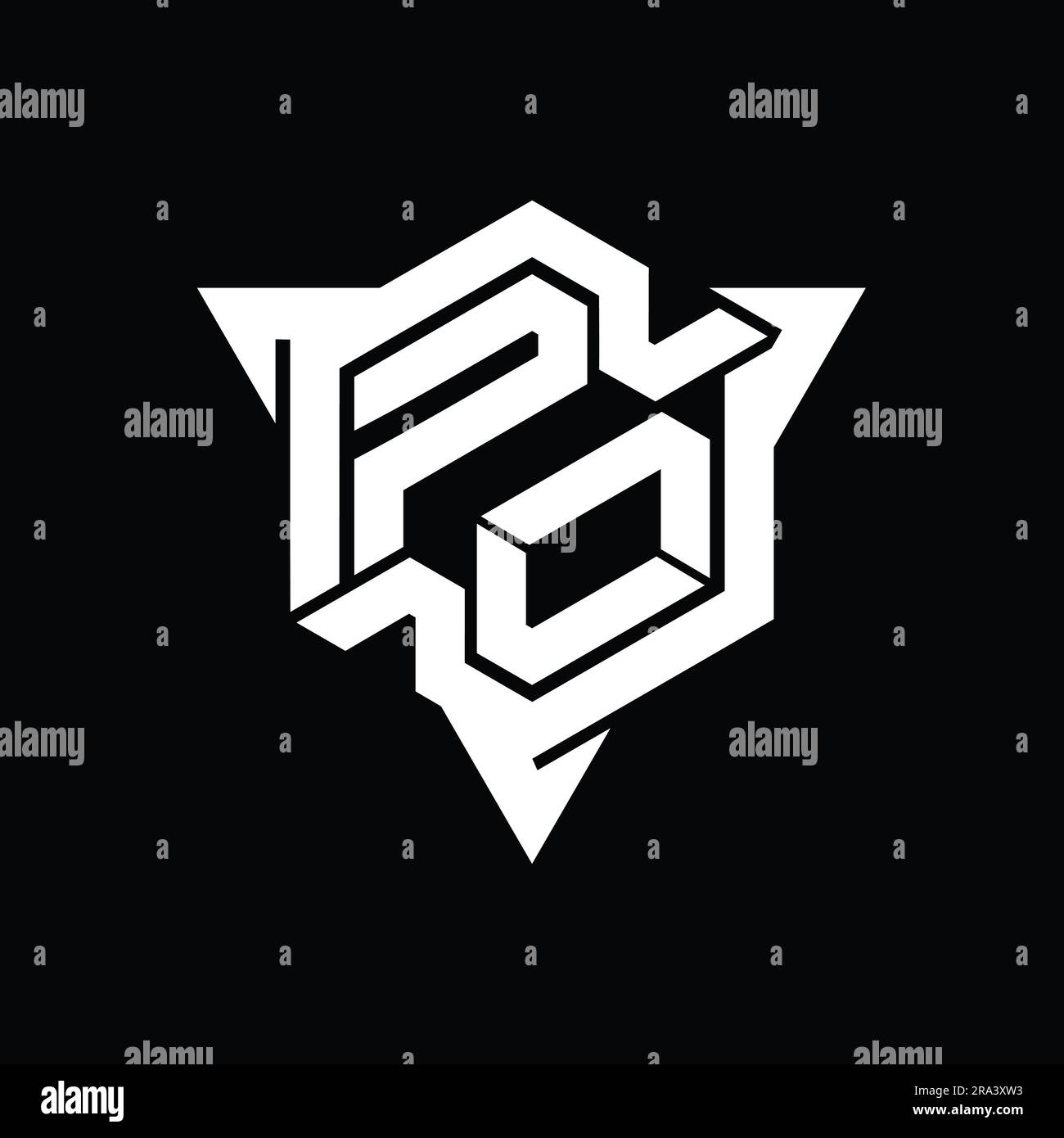 PO Letter Logo monogram hexagon shape with triangle outline gaming style design template Stock ...