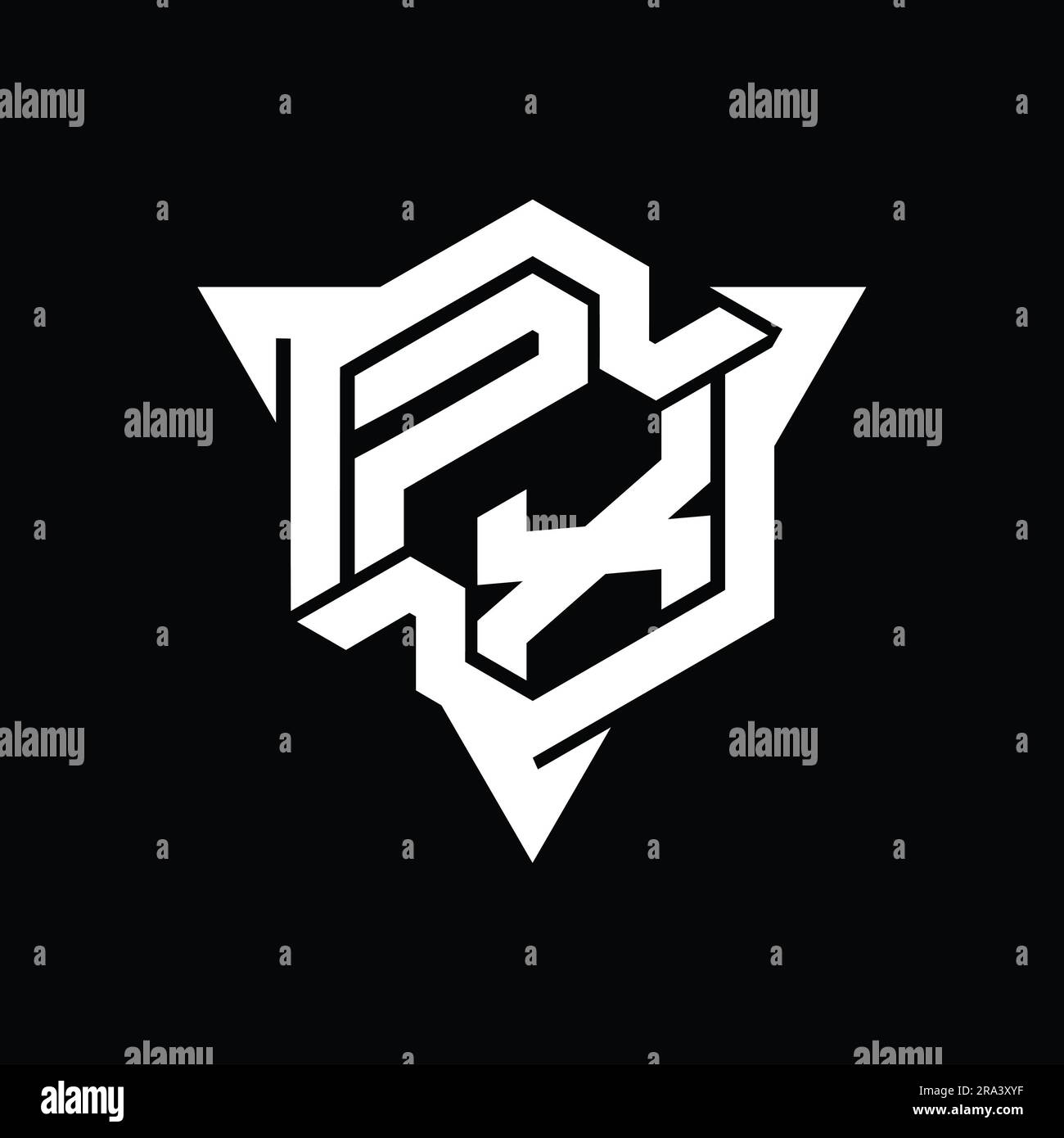 PX Letter Logo monogram hexagon shape with triangle outline gaming style design template Stock ...