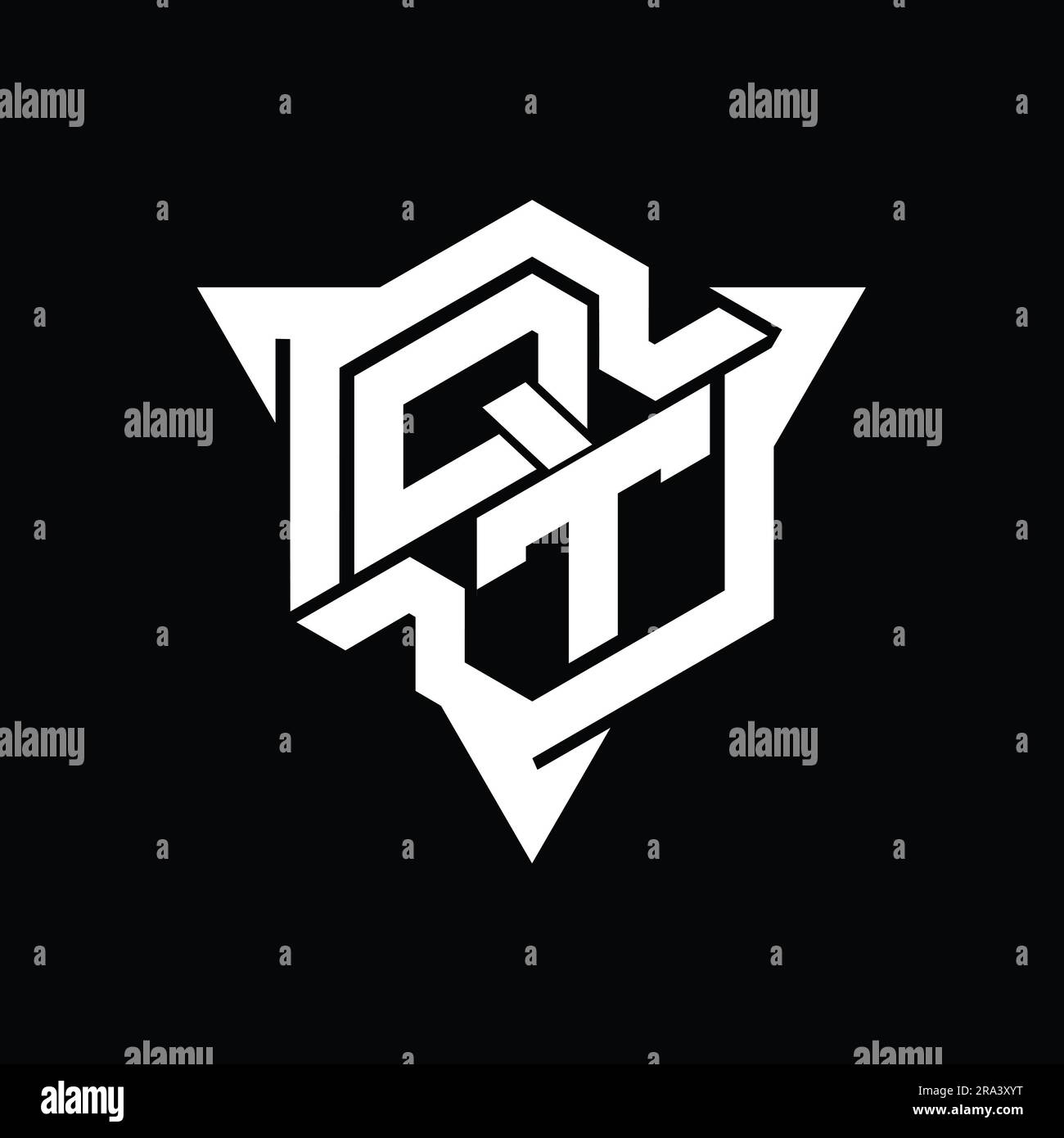 QT Letter Logo monogram hexagon shape with triangle outline gaming ...