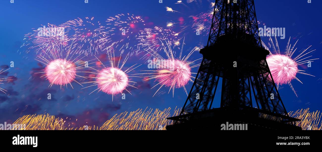Celebratory colorful fireworks over the Eiffel Tower in Paris, France ...