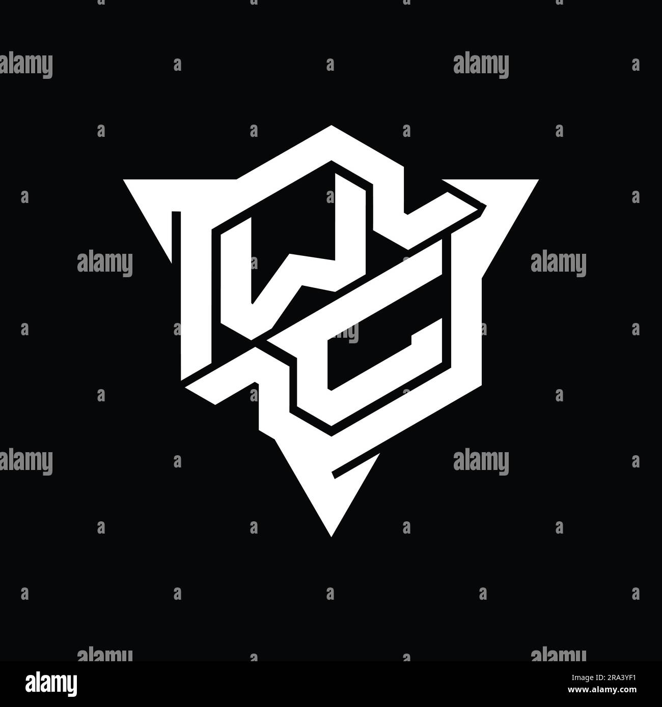 WC Letter Logo monogram hexagon shape with triangle outline gaming style design template Stock ...