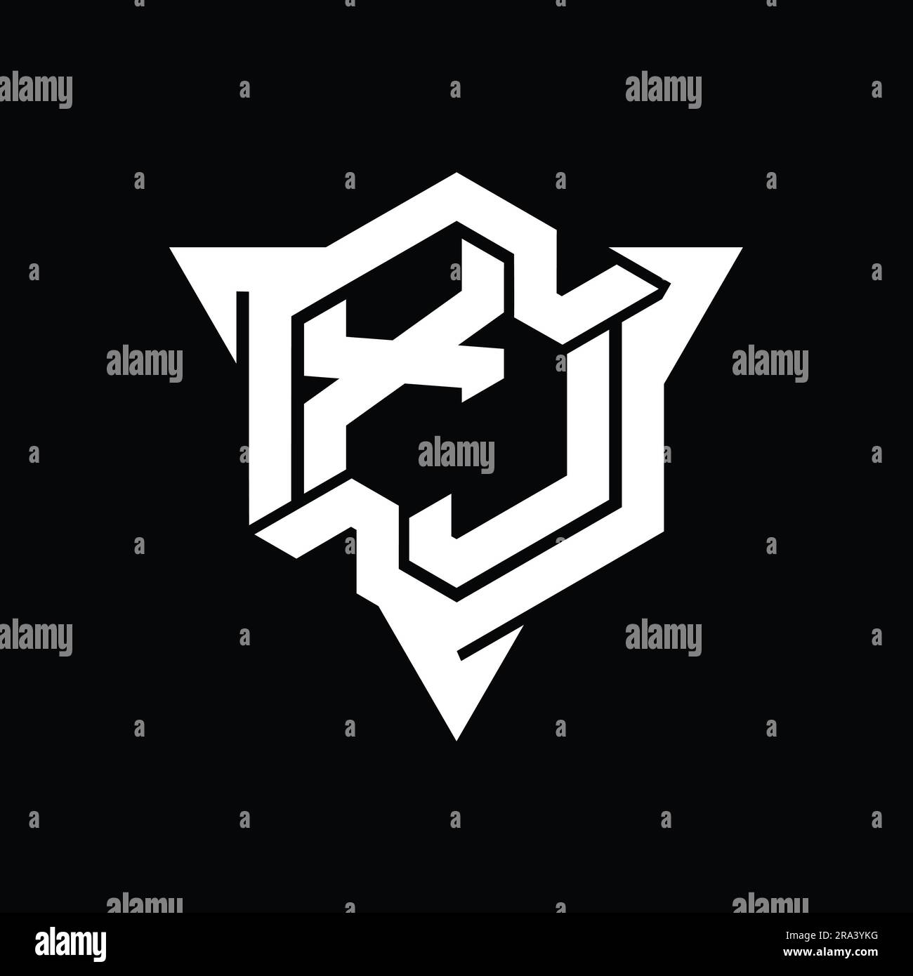 XJ Letter Logo monogram hexagon shape with triangle outline gaming style design template Stock ...