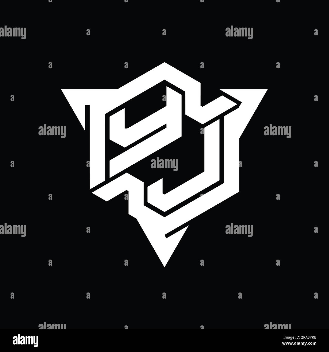 YJ Letter Logo monogram hexagon shape with triangle outline gaming style design template Stock ...