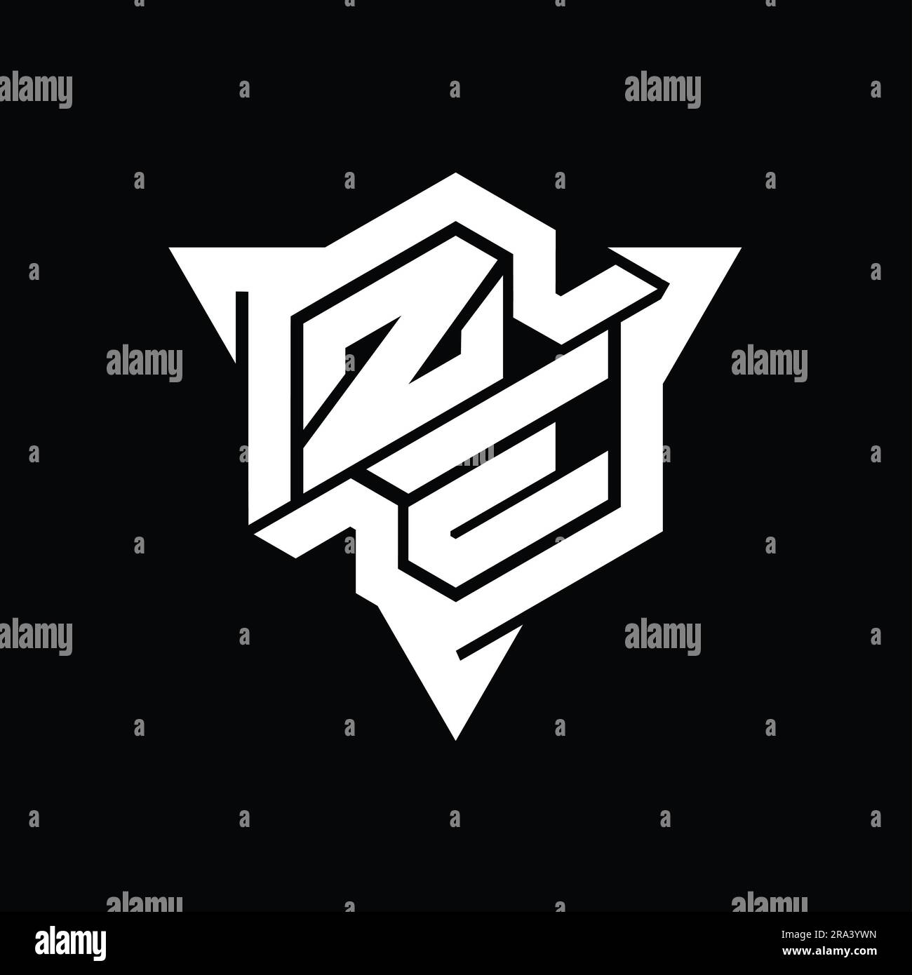 ZE Letter Logo monogram hexagon shape with triangle outline gaming style design template Stock ...