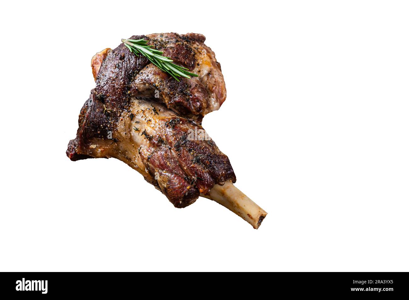 Baked lamb mutton leg meat on a wooden cutting board. High quality ...