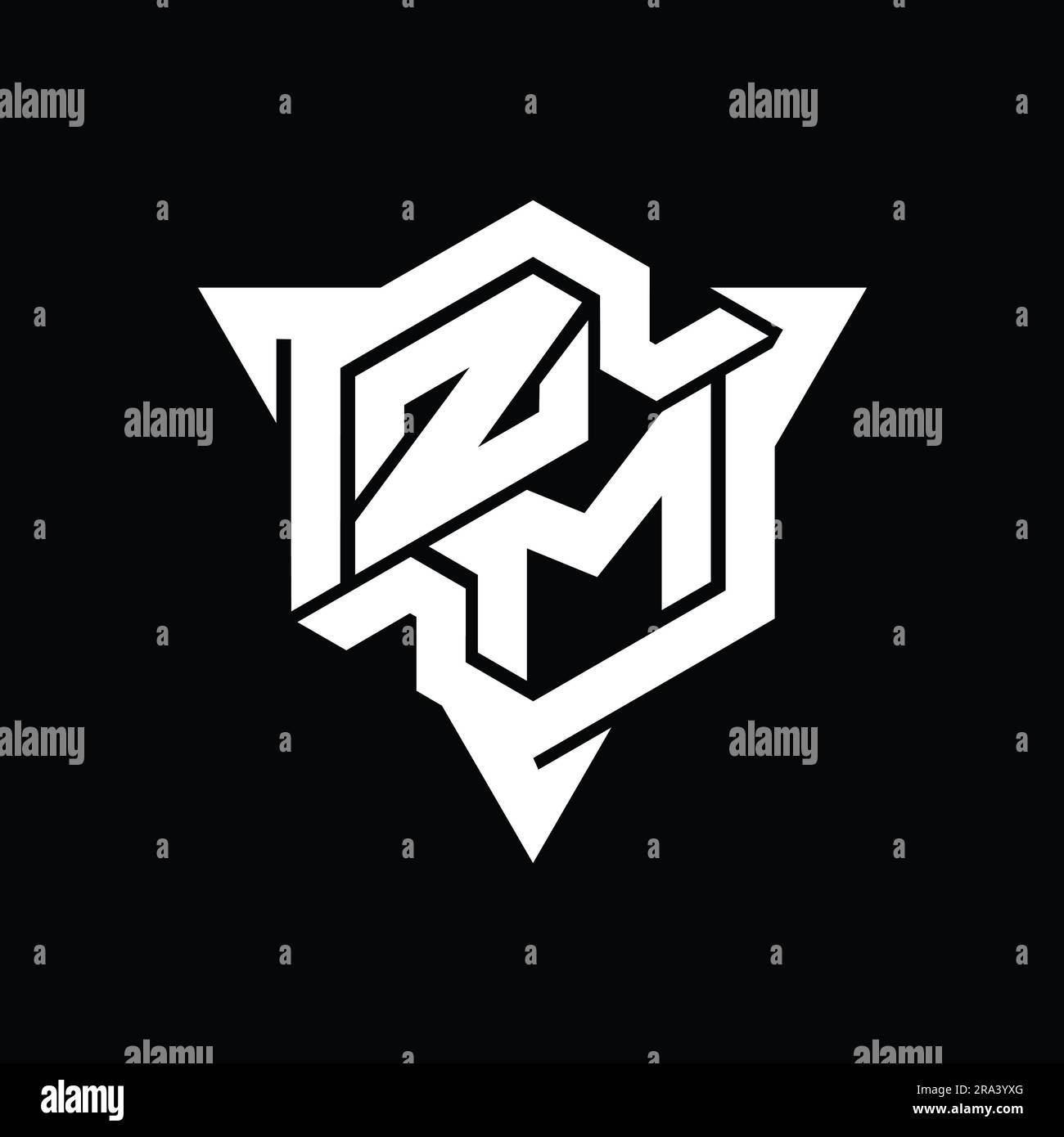 ZM Letter Logo monogram hexagon shape with triangle outline gaming ...