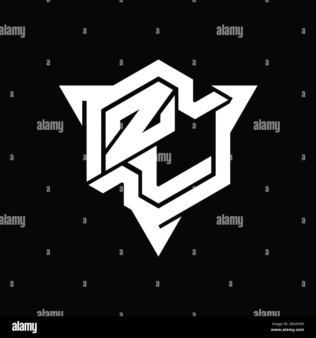 ZL Letter Logo monogram hexagon shape with triangle outline gaming style design template Stock ...