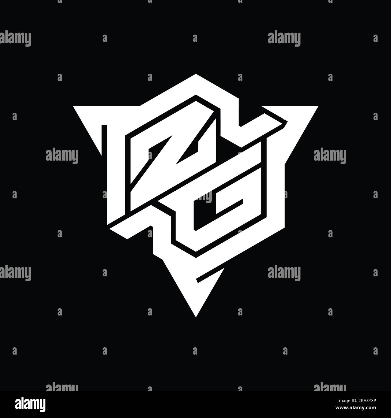 ZG Letter Logo monogram hexagon shape with triangle outline gaming style design template Stock ...