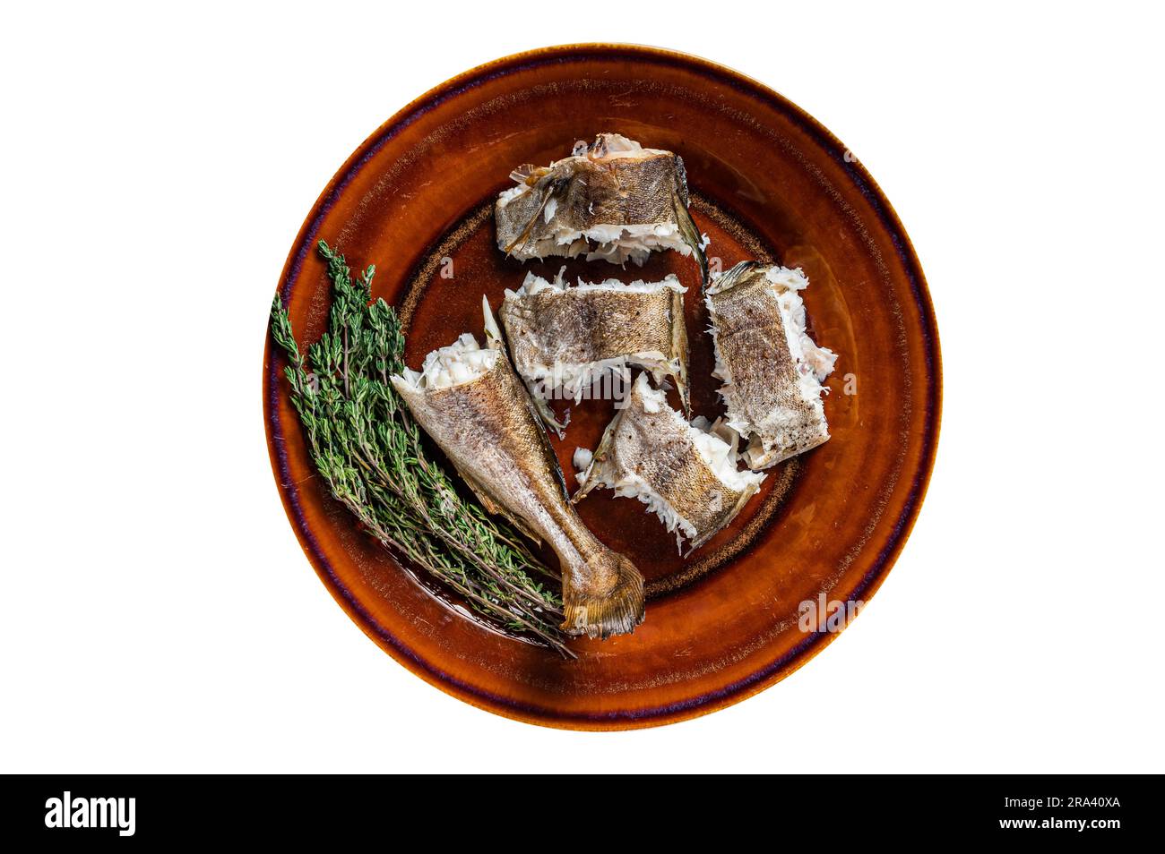 Baked cod white fish in a plate. High quality Isolate, white background ...