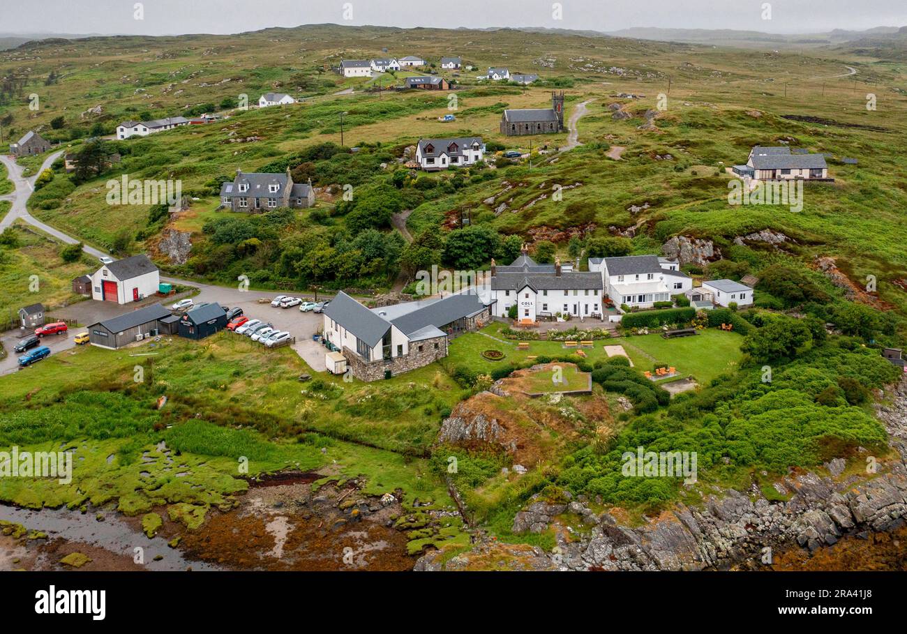 Aerial view of Arinagour, Isle of Coll, Inner Hebrides, Scotland, UK ...
