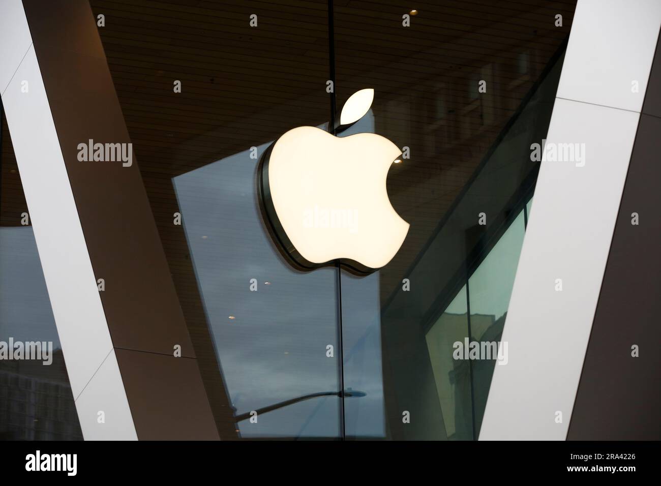 FILE - An Apple logo adorns the facade of the downtown Brooklyn Apple ...