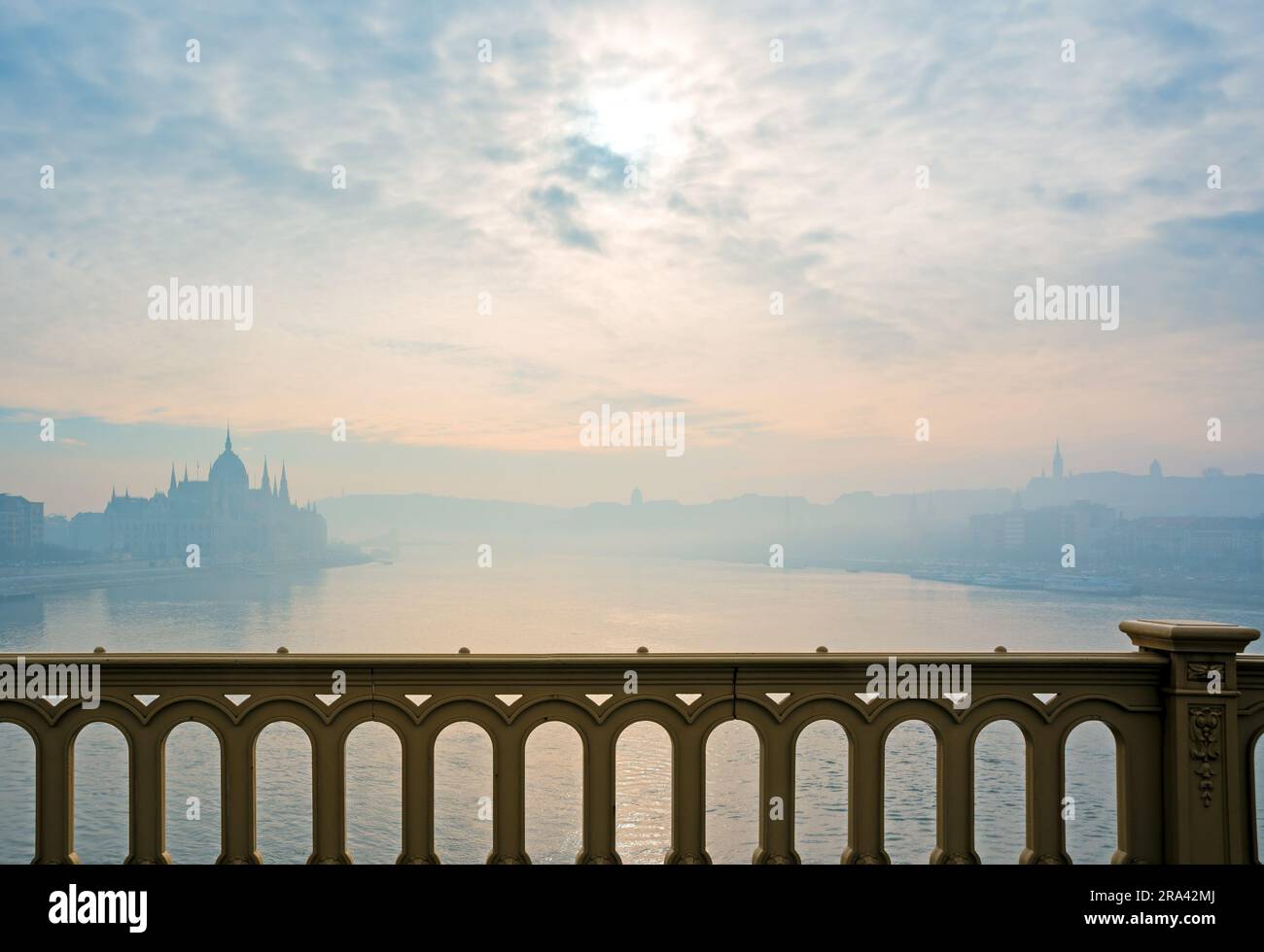 Budapest view from Margaret bridge in fog Stock Photo - Alamy