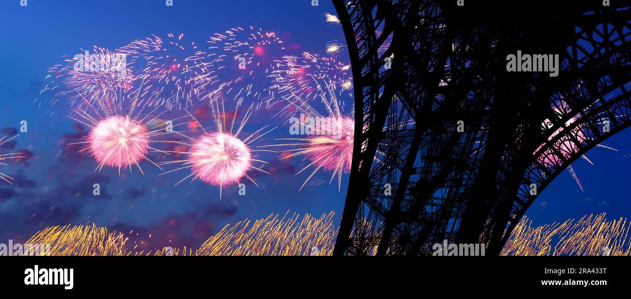 Celebratory colorful fireworks over the Eiffel Tower in Paris, France ...