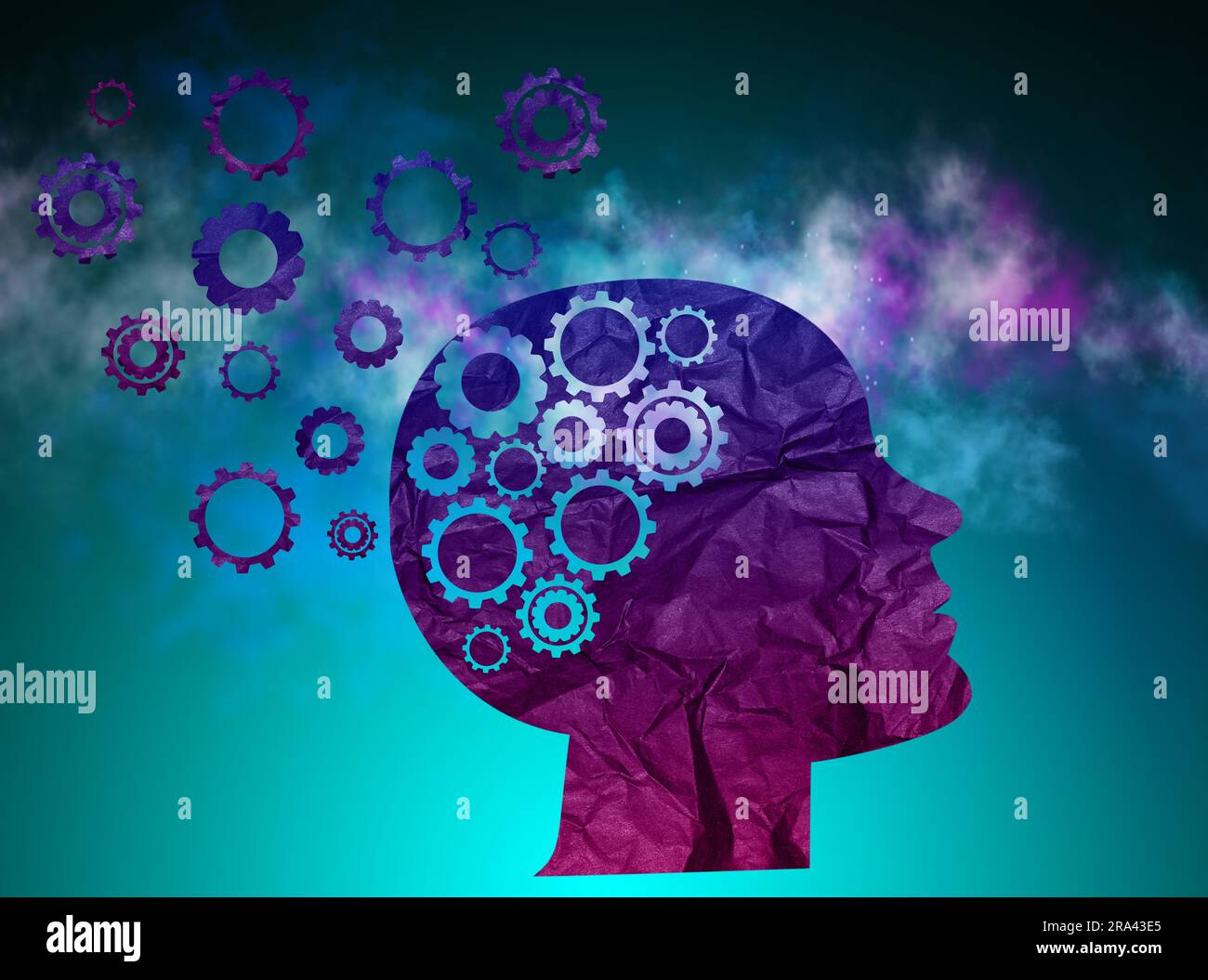 Silhouette of a head and a brain consisting of cogs and flying away ...