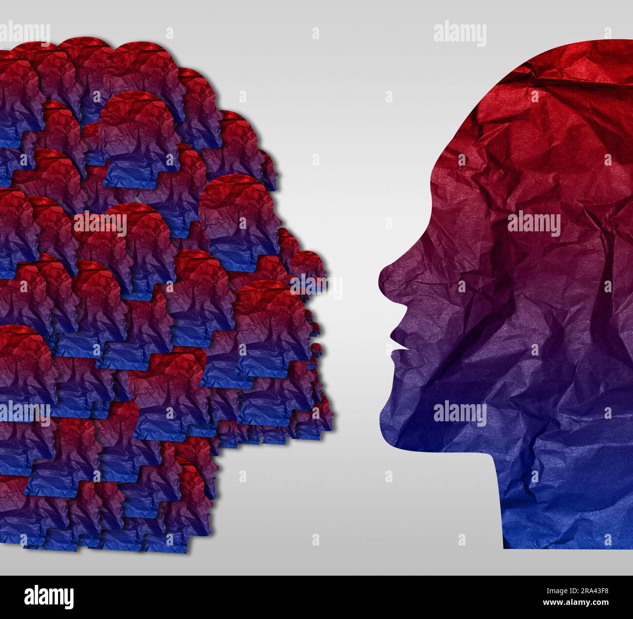 Silhouette of one head against multiple silhouettes, concept of ...