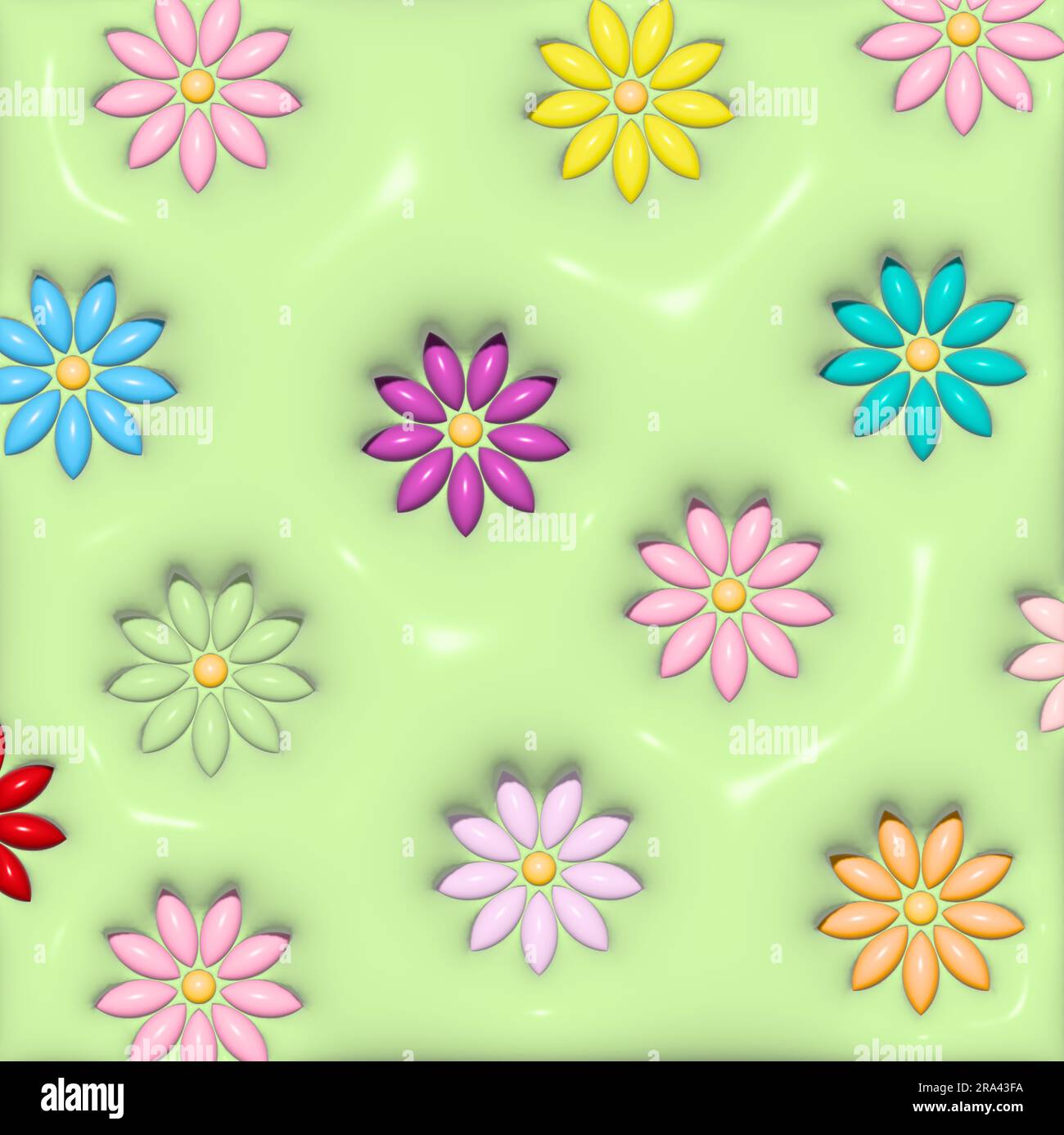 Abstract green background with colorful flowers, 3D rendering ...