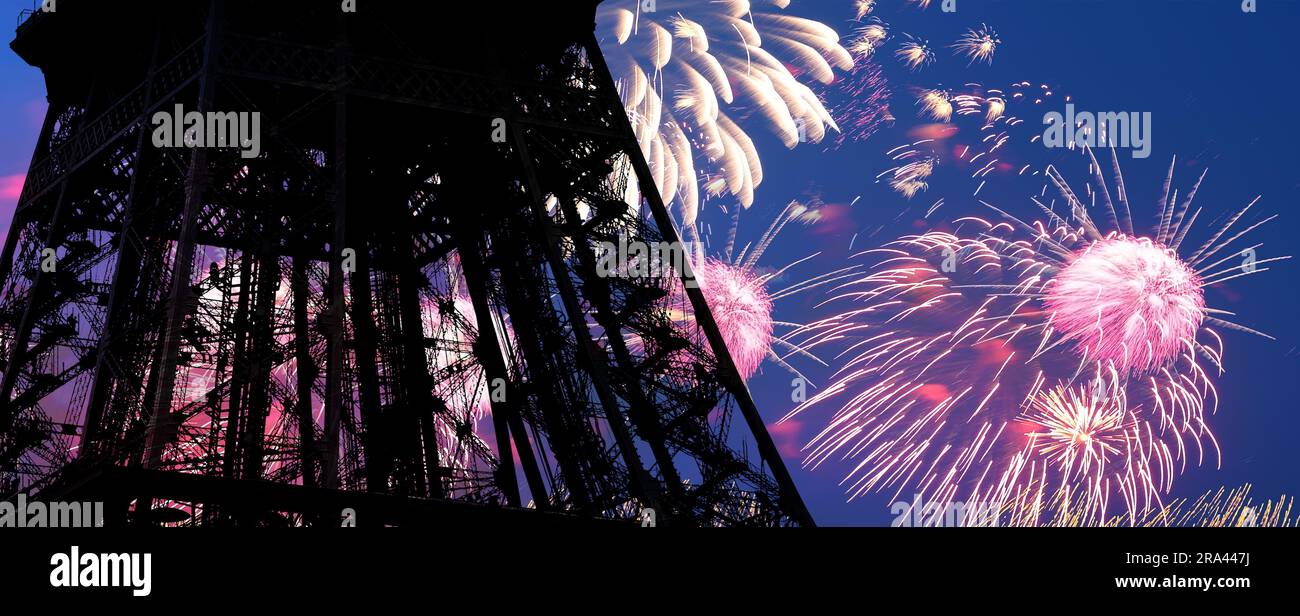 Celebratory colorful fireworks over the Eiffel Tower in Paris, France ...