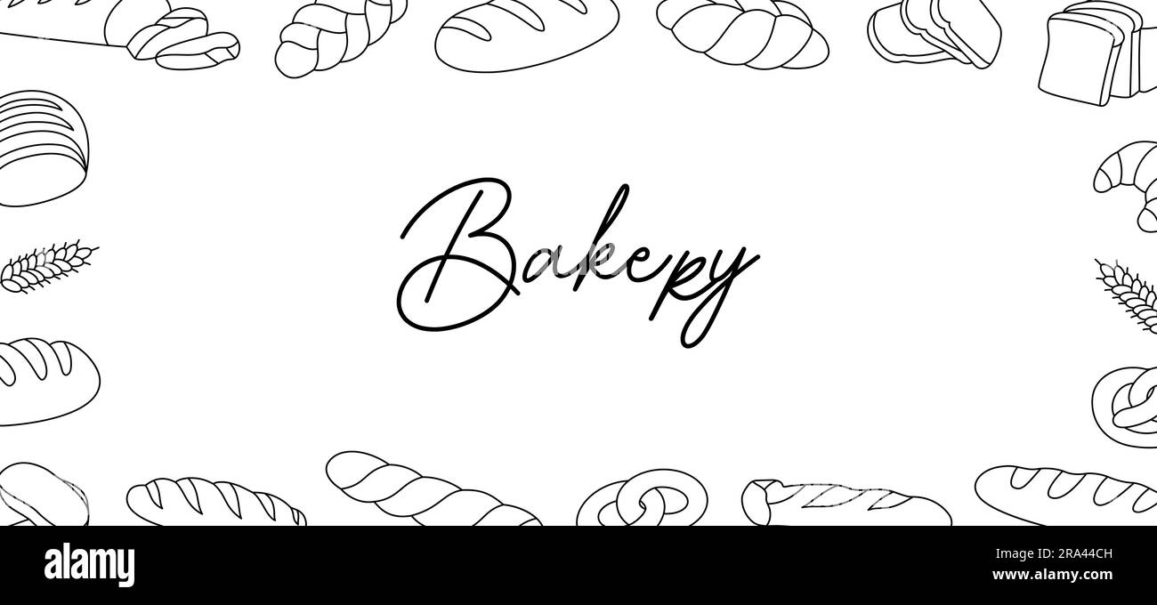 Bakery horizontal outline banner. Breads and pastry menu illustration ...