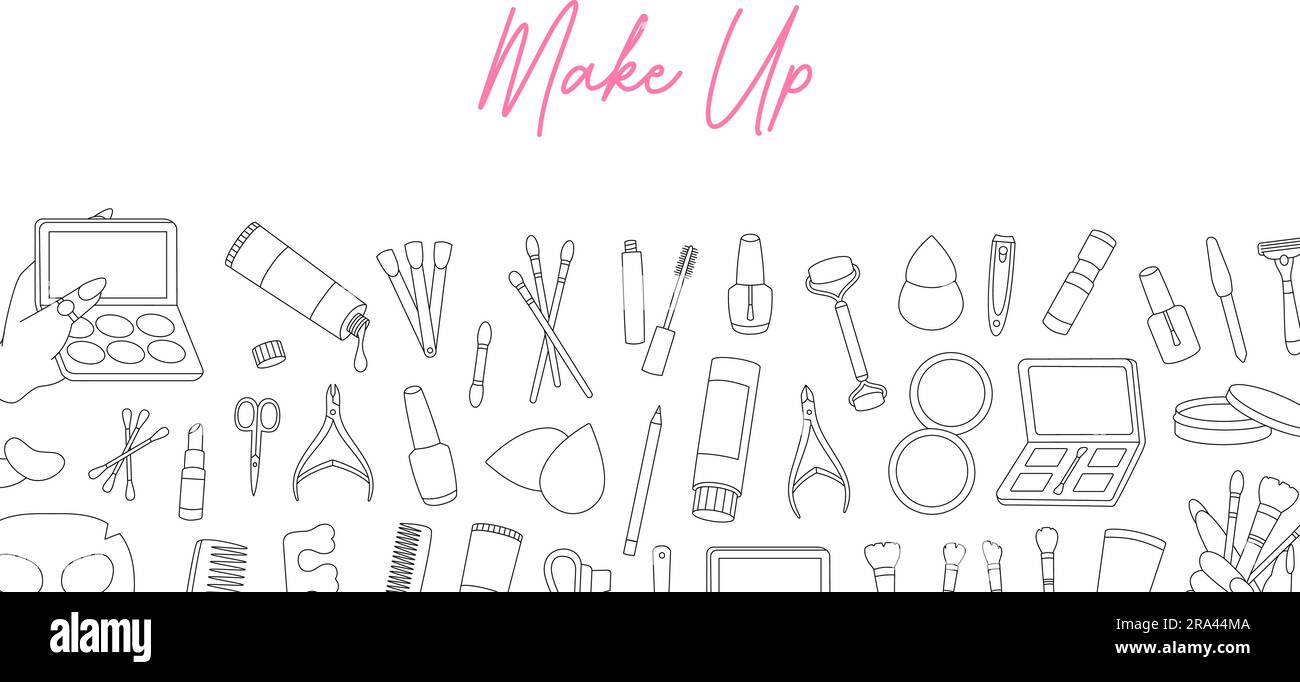 Beauty salon horizontal outline banner. Women's cosmetics. Makeup tools ...