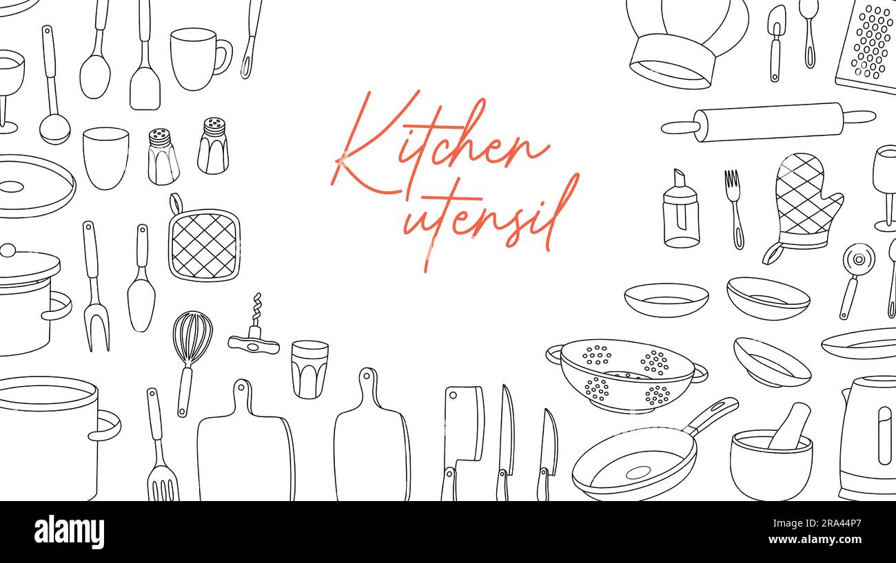 Kitchen utensils horizontal outline banner. Kitchenware and cutlery ...