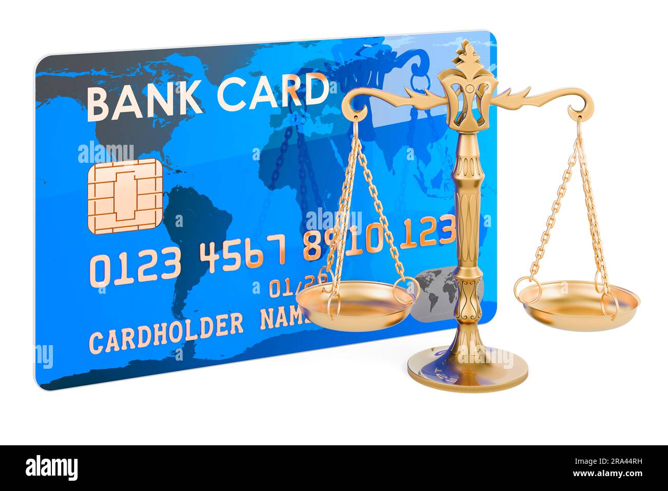 Scales of justice with credit card, 3D rendering isolated on white ...
