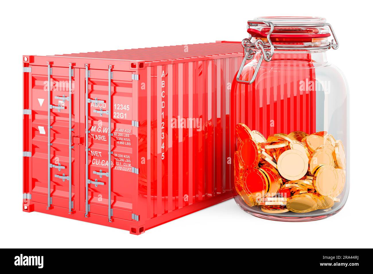 Cargo container with glass jar full of golden coins, 3D rendering ...