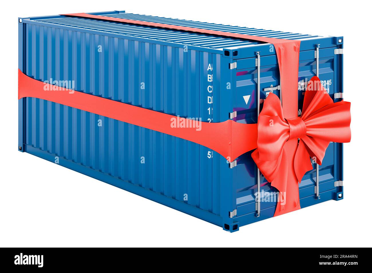 Cargo container with red ribbon and bow, present concept. 3D rendering ...