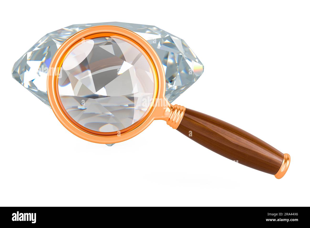 Diamond with magnifying glass. 3D rendering isolated on white ...