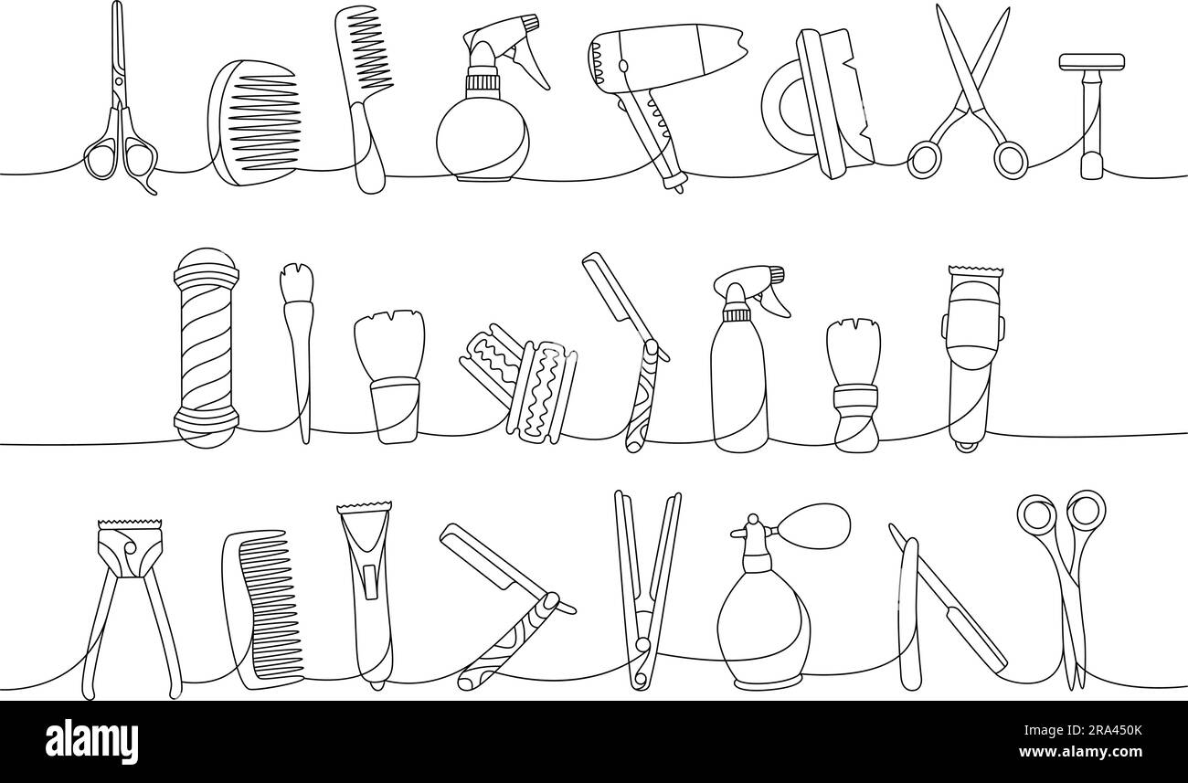 Set of barber shop tools one line continuous drawing. Makeup brush ...
