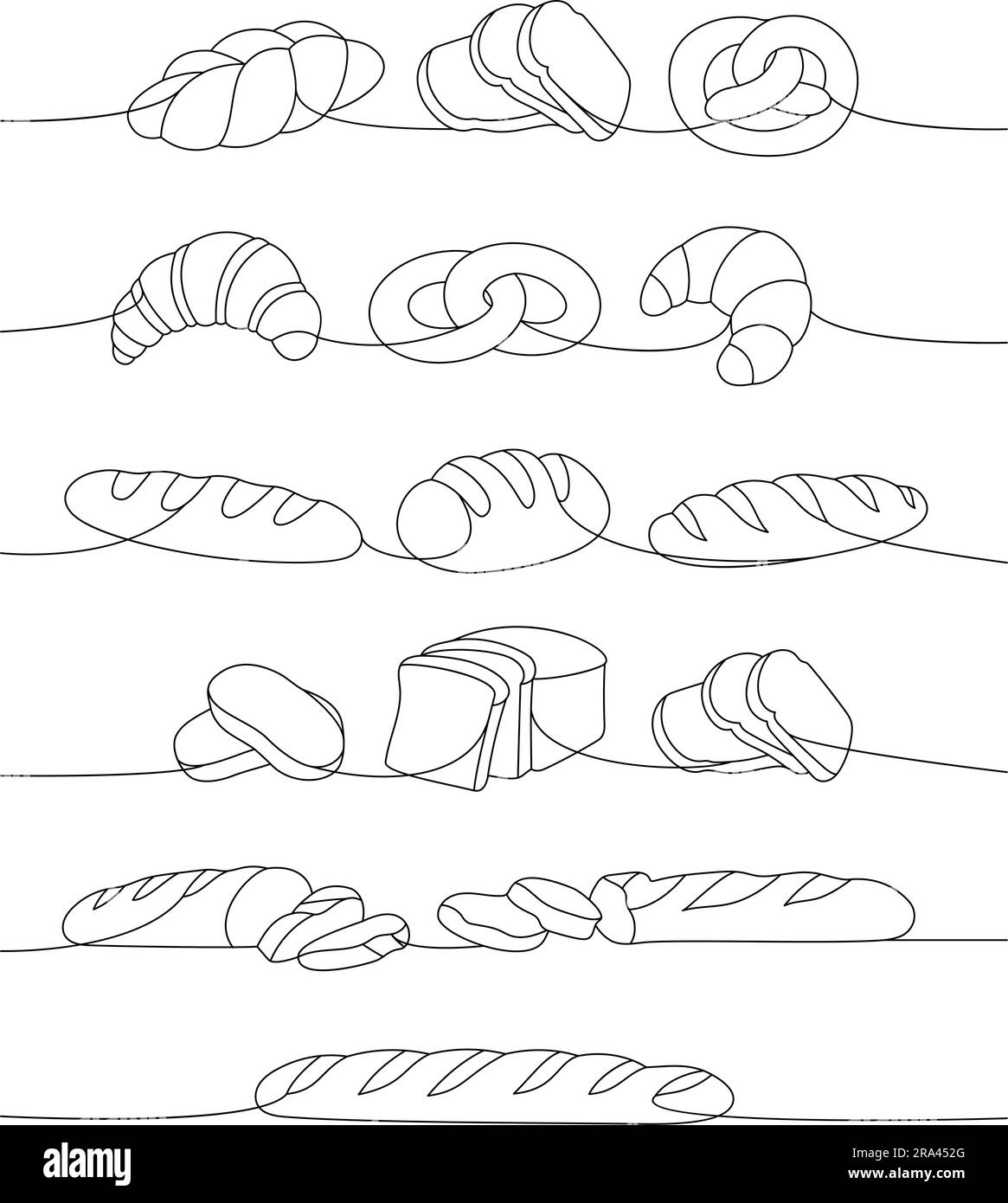 Set of bakery products one line continuous drawing. Wheat bread, pretzel, ciabatta, croissant ...