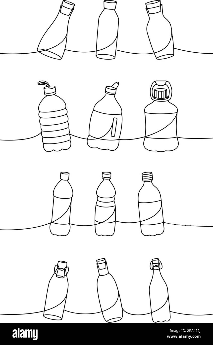 Set of bottles one line continuous drawing. Empty glass and plastic ...