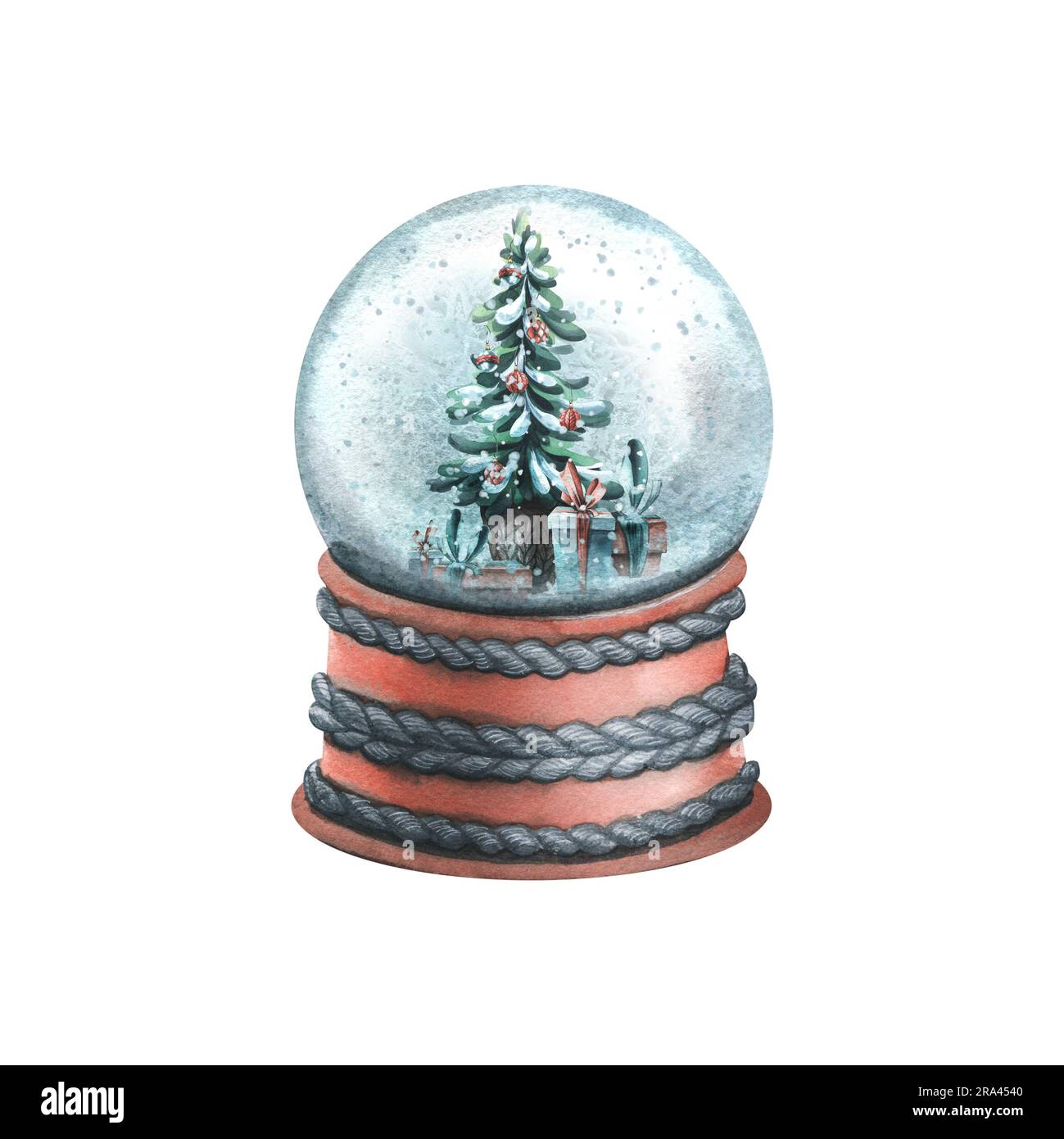 Snow glass ball on a stand with a Christmas tree and gifts inside ...