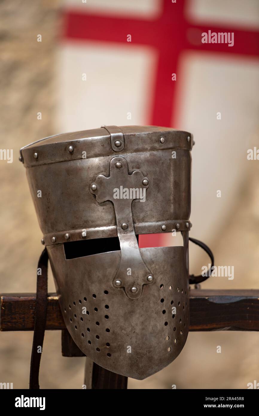 suit of armour medieval knights close helmet. crusader flag and helmet ...