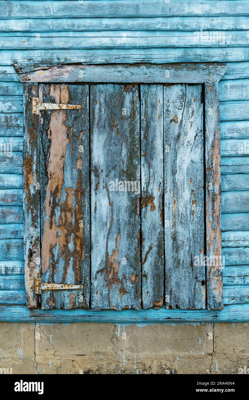 Small blue door in a weathered old wooden building. The door slats are vertical and the building ...